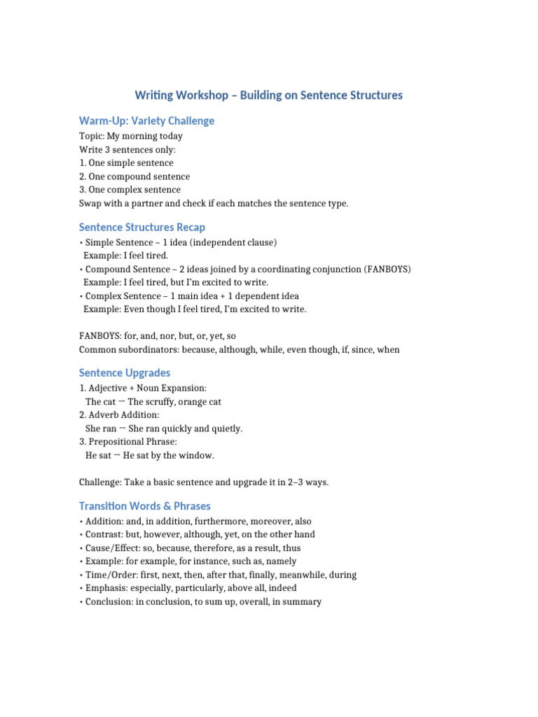 Sentence Structure Workshop Guide | PDF