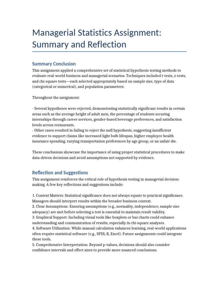 Managerial Statistics Summary and Reflection | PDF | Statistics ...