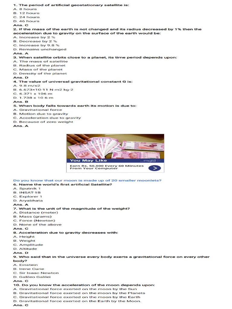 GK Quiz On Gravitation Physics | PDF