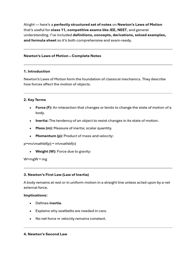 Newton's Laws of Motion Notes | PDF | Force | Newton's Laws Of Motion