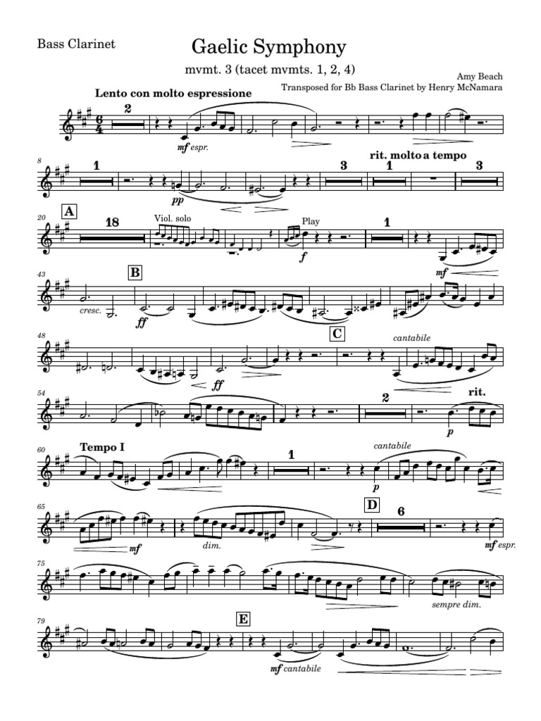 Amy Beach Gaelic Symphony Bass Clarinet Transposition | PDF | Musical ...