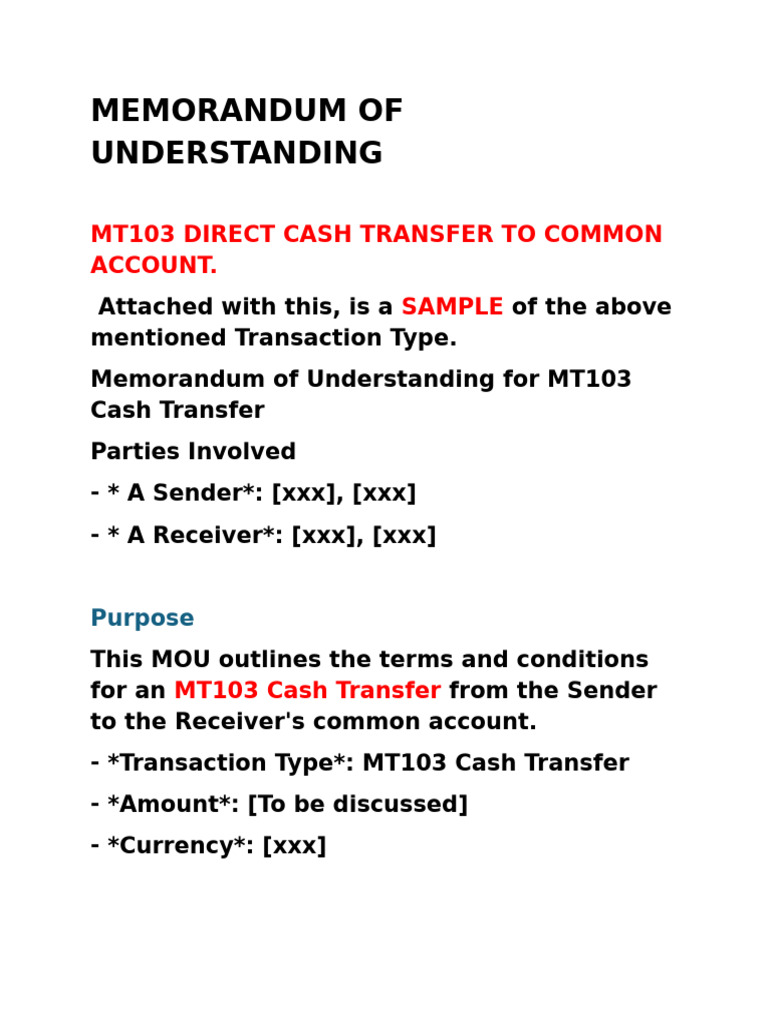 MT103 Cash Transfer MOU Sample | PDF