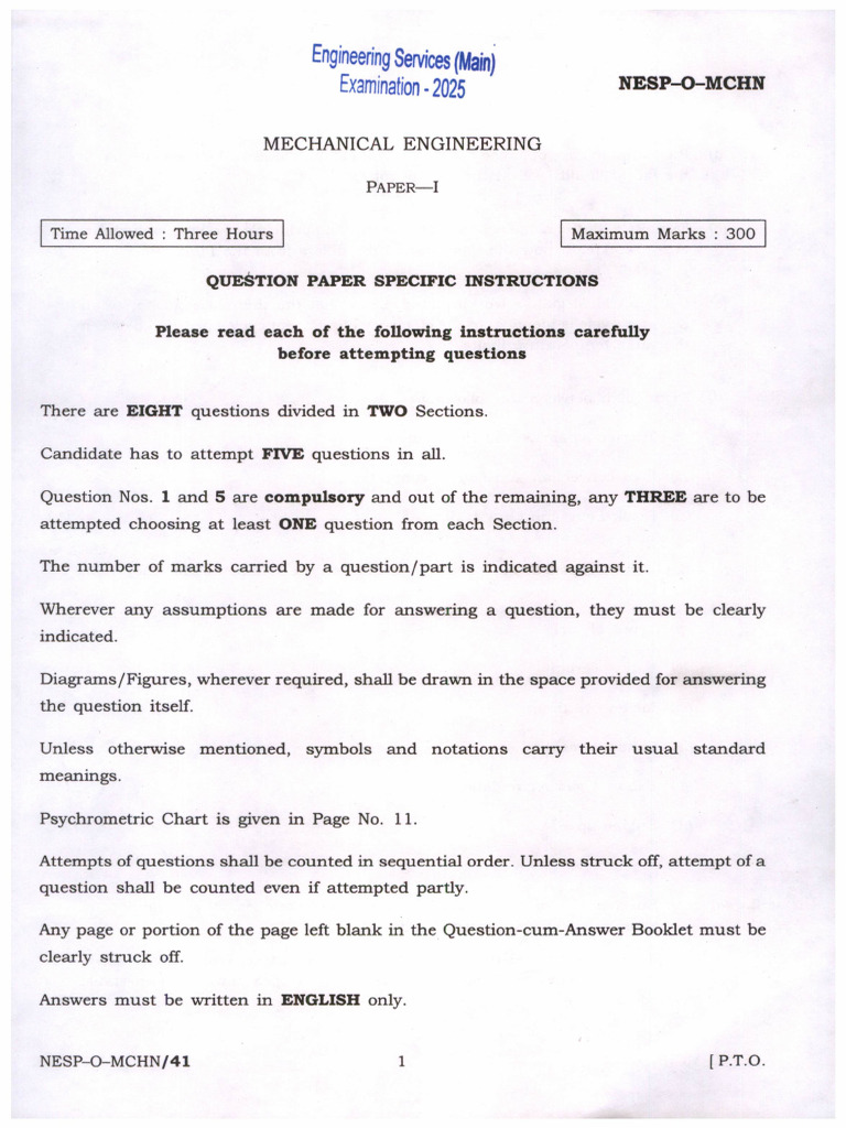 Mechanical Engineering Paper I QP Esem 25 110825 | PDF