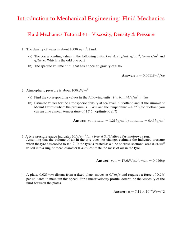 Fluid Mechanics Tutorial 1 (1) | PDF