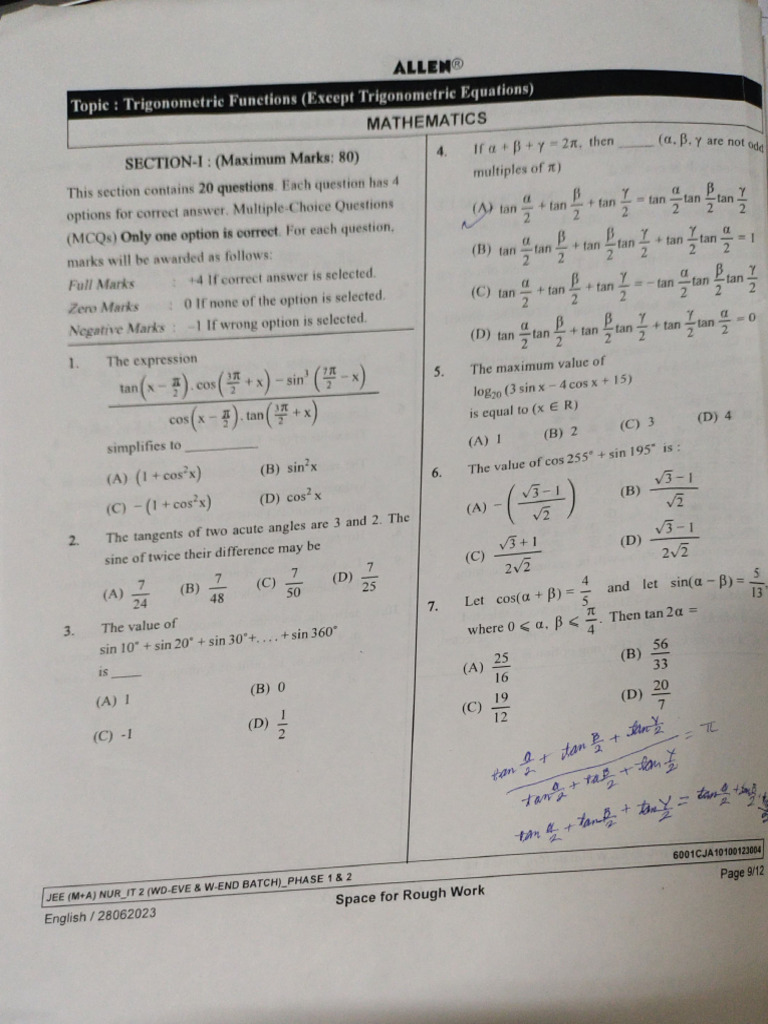 Maths Test ALlen | PDF | Trigonometric Functions | Euclidean Geometry