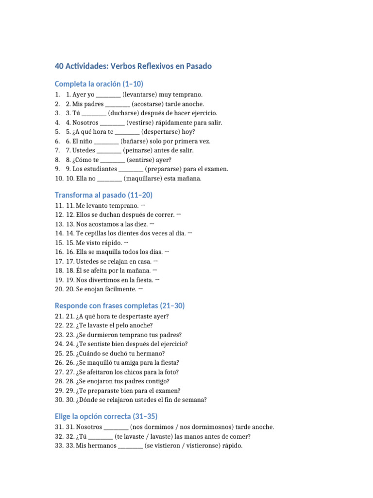 Actividades Verbos Reflexivos Pasado | PDF
