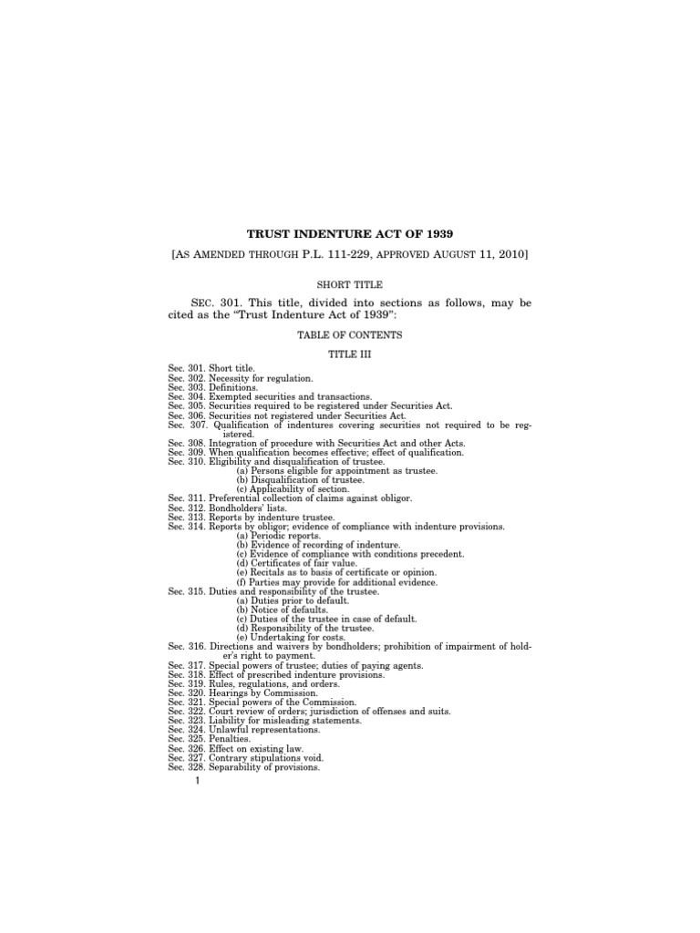 Trust Indenture Act of 1939 Overview | PDF | Securities Act Of 1933 ...
