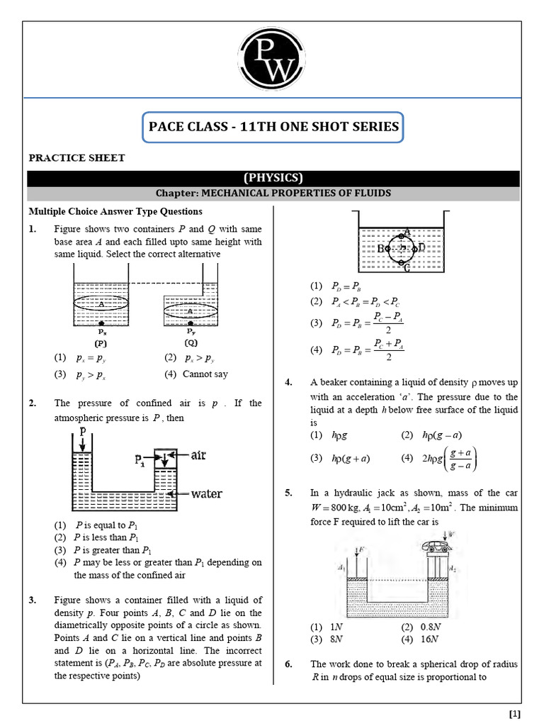 Mechanical Properties of Fluids - Practice Sheet - Pace Class - 11th ...