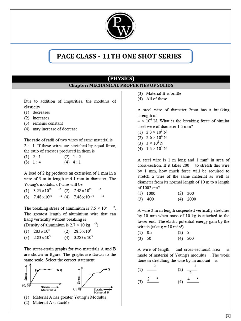 Mechanical Properties of Solids - Practice Sheet - Pace Class - 11th ...