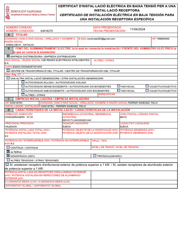 Certificado de Inst. Elec. en Baja Tension Para Receptora Especifica Nataliia | PDF