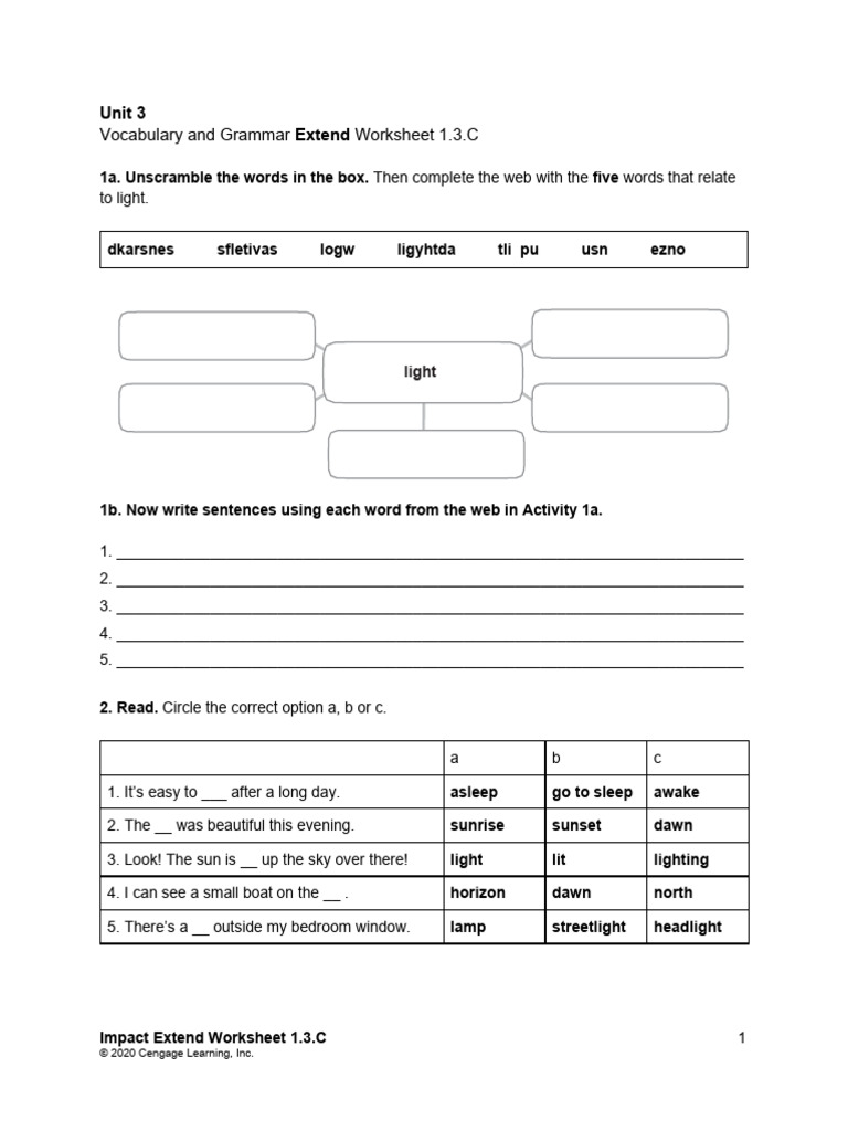 Impact 1 Unit 3 V and G Extend Worksheet 1.3.c | PDF | Sunset