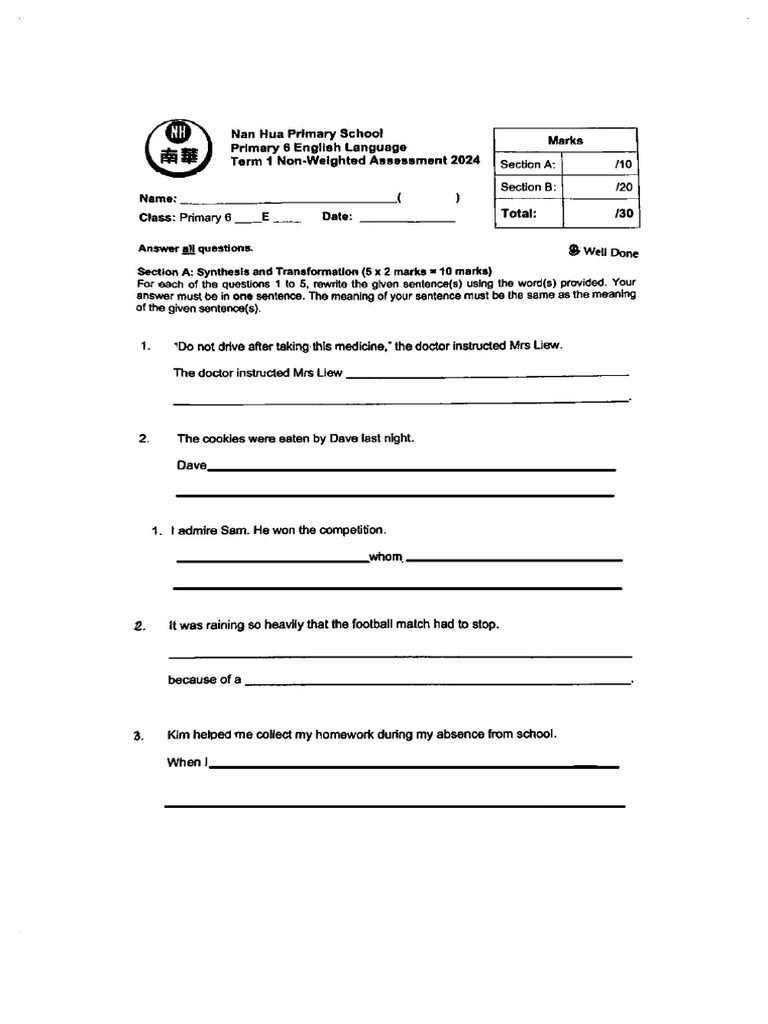2024 P6 English Non Weighted Assessment 1 Nan Hua | PDF