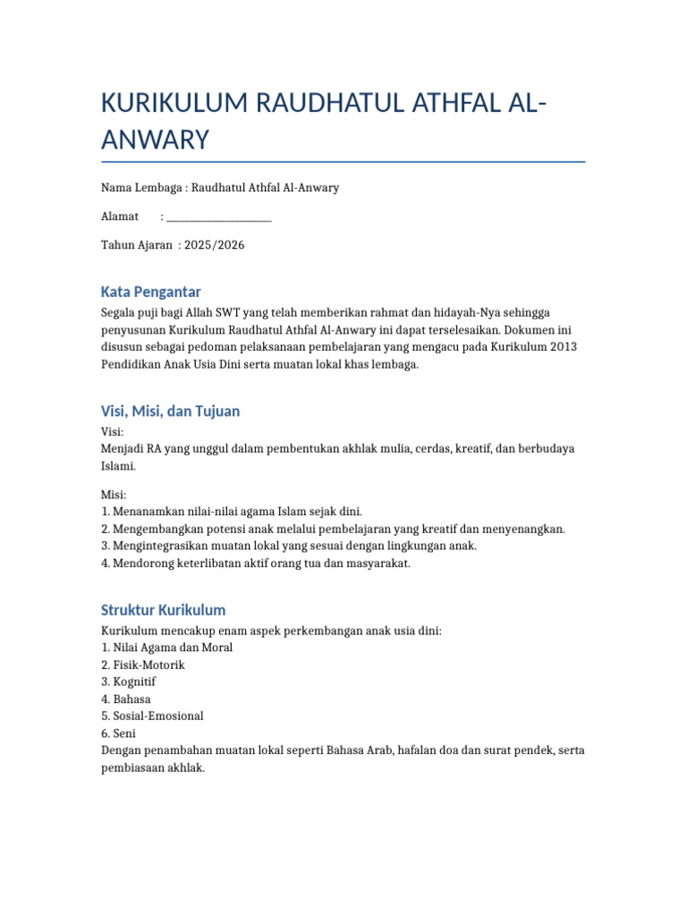 Kurikulum RA Al-Anwary 2025/2026 | PDF