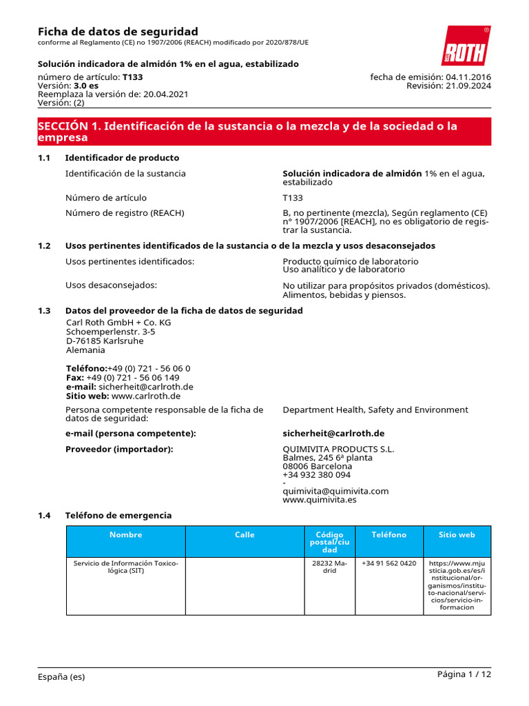 Ficha de Datos de Seguridad - Solución Indicadora de Almidón | PDF | Toxicidad | Residuos