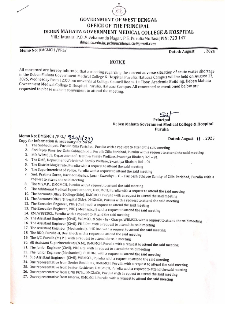 Notice For Meeting Regarding Water Shortage in The DMGMCH, Purulia | PDF