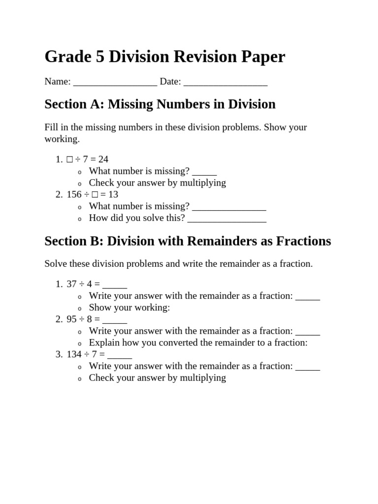 Grade 5 Division Revision Paper | PDF