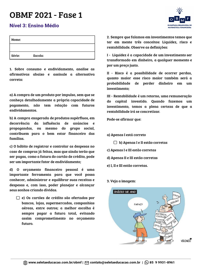 OBMF 2021 - Fase 1 - Nível 3 - Gabarito | PDF | Investimentos | Cartão ...