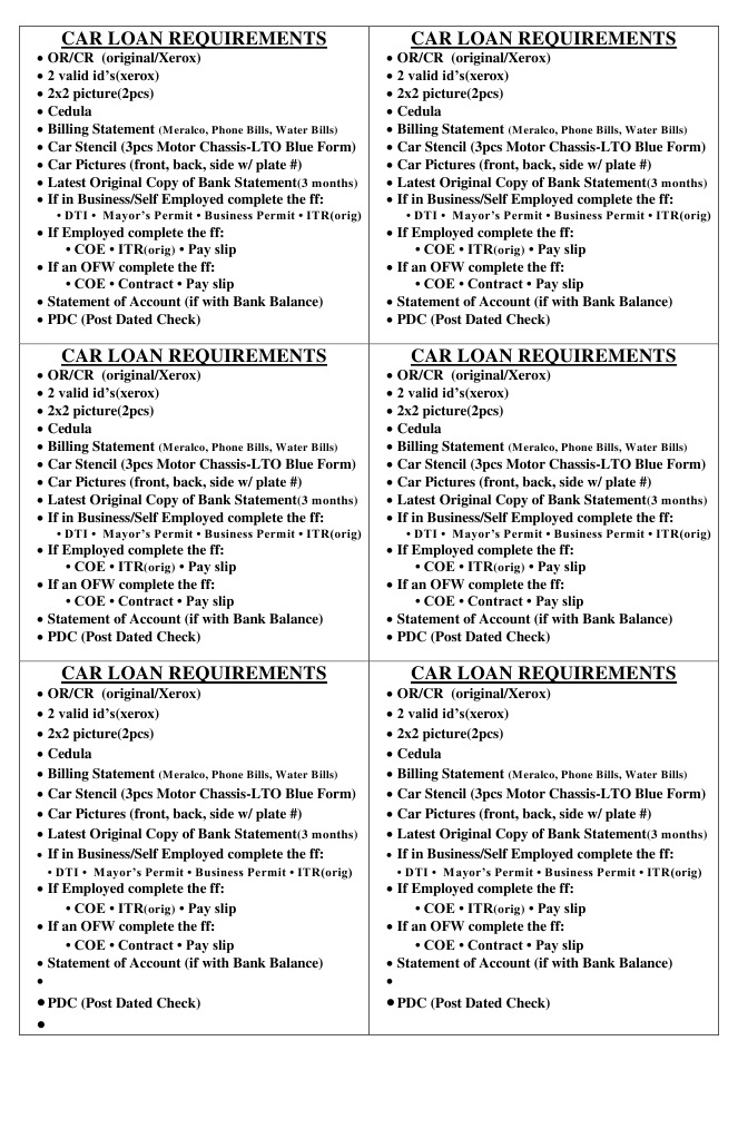 Car Loan Requirements | PDF | Banking | Financial Services
