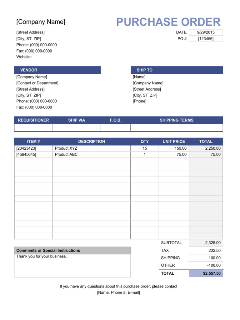 Sample Purchase Order Template | PDF