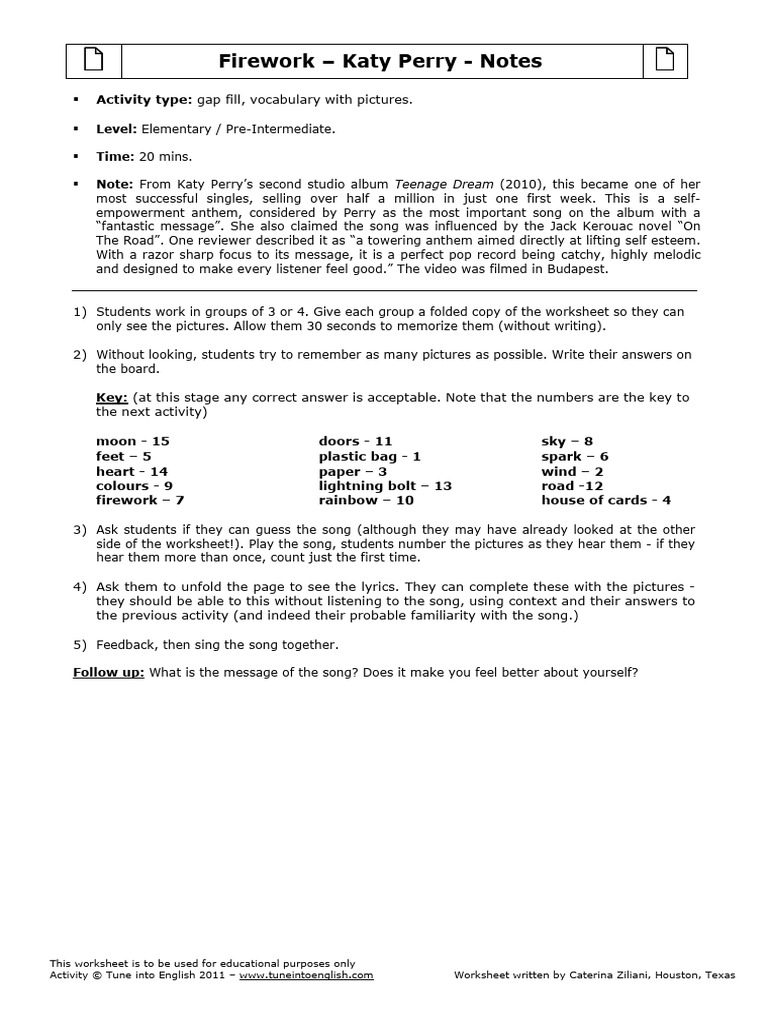 Firework Song Worksheet for ESL Learners | PDF