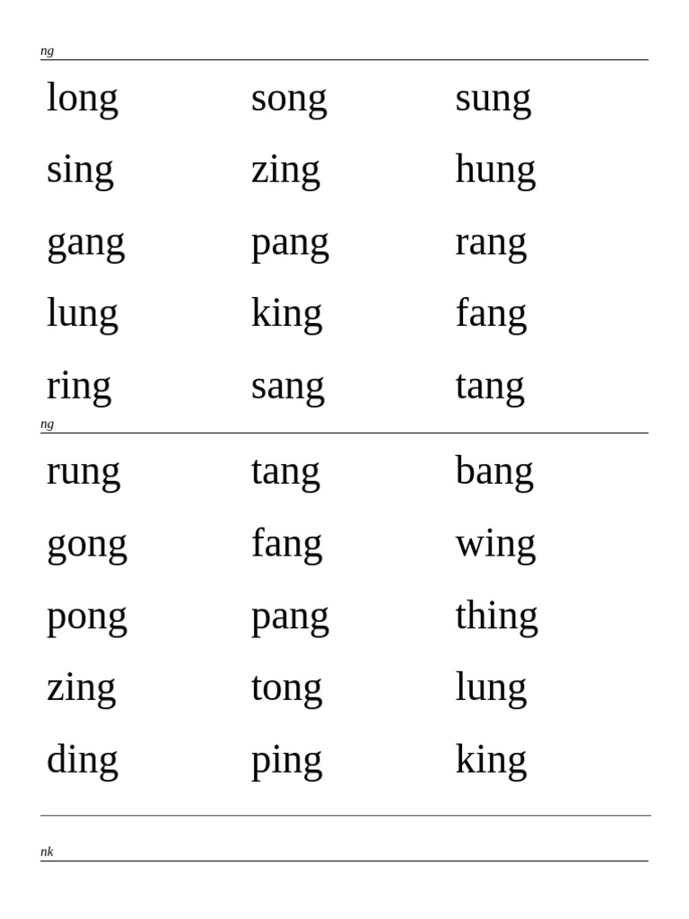 NG and NK Word Chart Lists | PDF