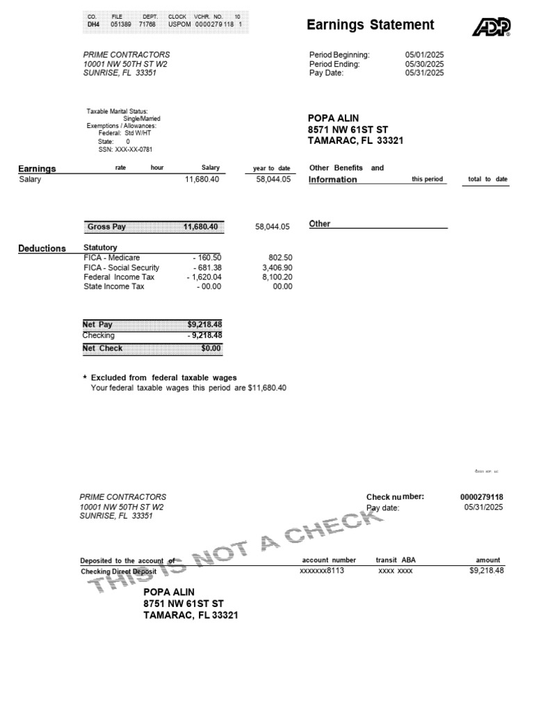 Adp Paystub Popa Alin 05-31-2025 | PDF | Personal Finance | Wealth