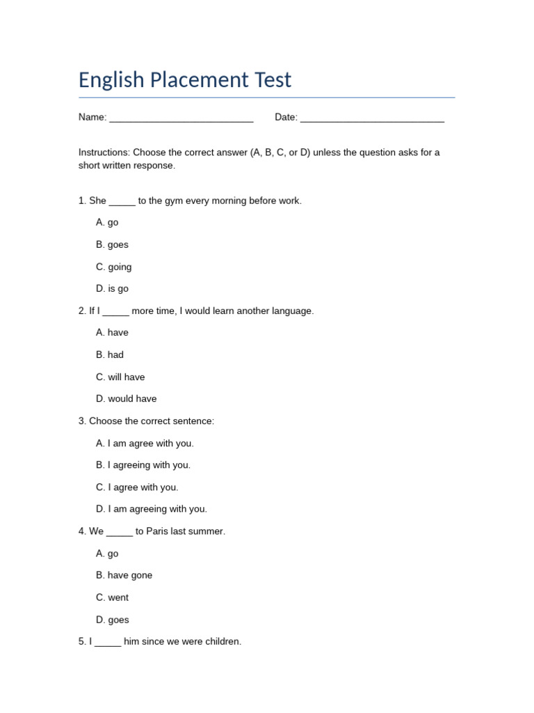 Grade 8 English Placement Test | PDF