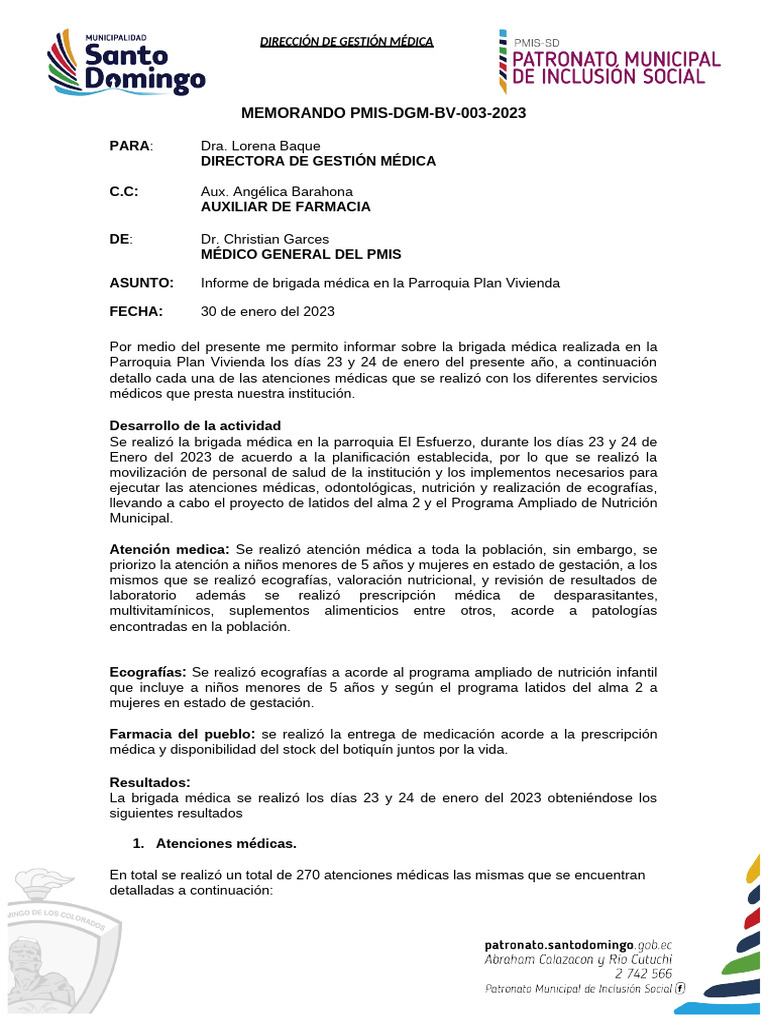 MEMORANDO 003 - Informe de Brigada Medica Plan Vivienda | PDF | Cuidado de la salud | Medicina