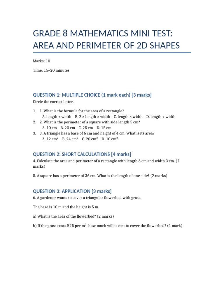 Grade 8 Area and Perimeter Test | PDF
