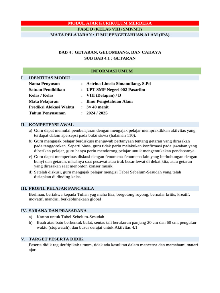 Modul IPA Kelas VIII: Getaran dan Gelombang | PDF