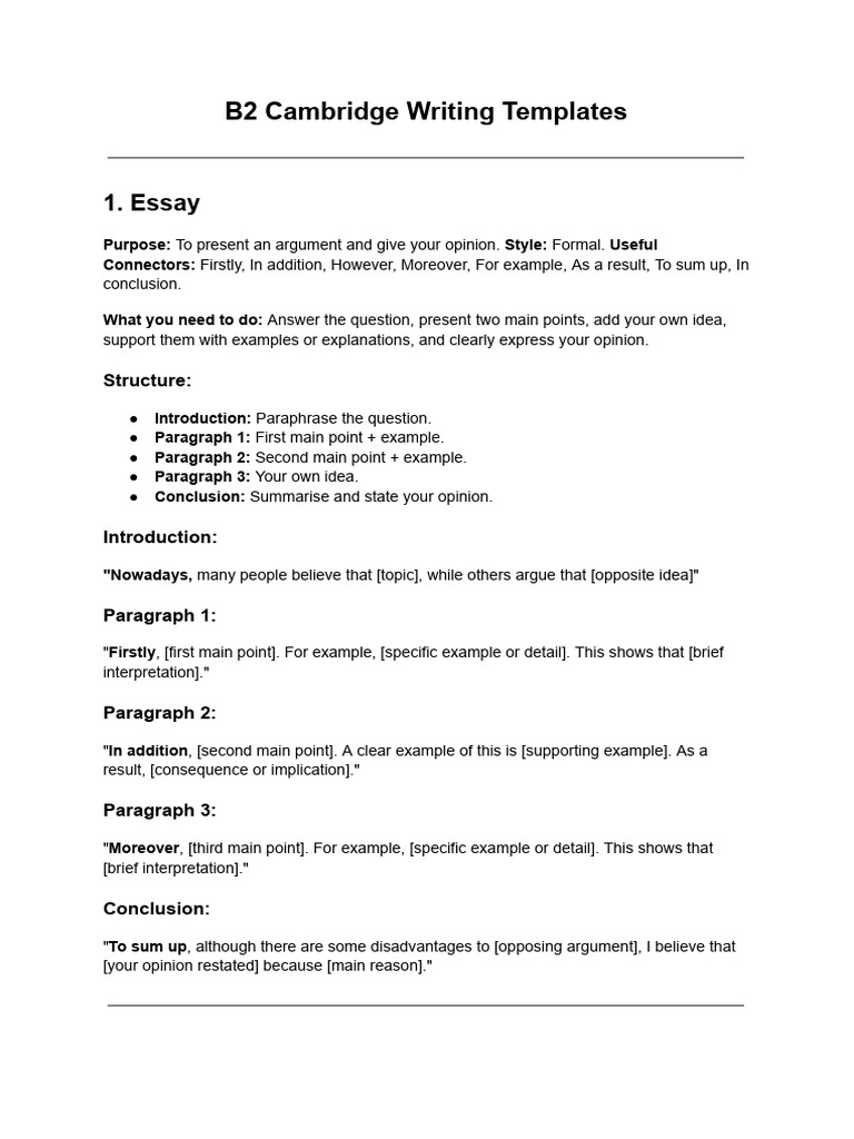 B2 Cambridge Writing Templates Guide | PDF | Argument
