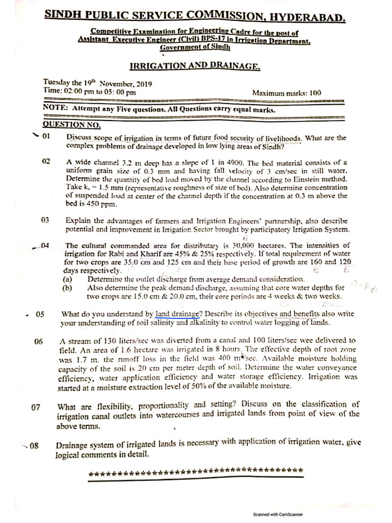 Irrigation Past Paper 2019 | PDF