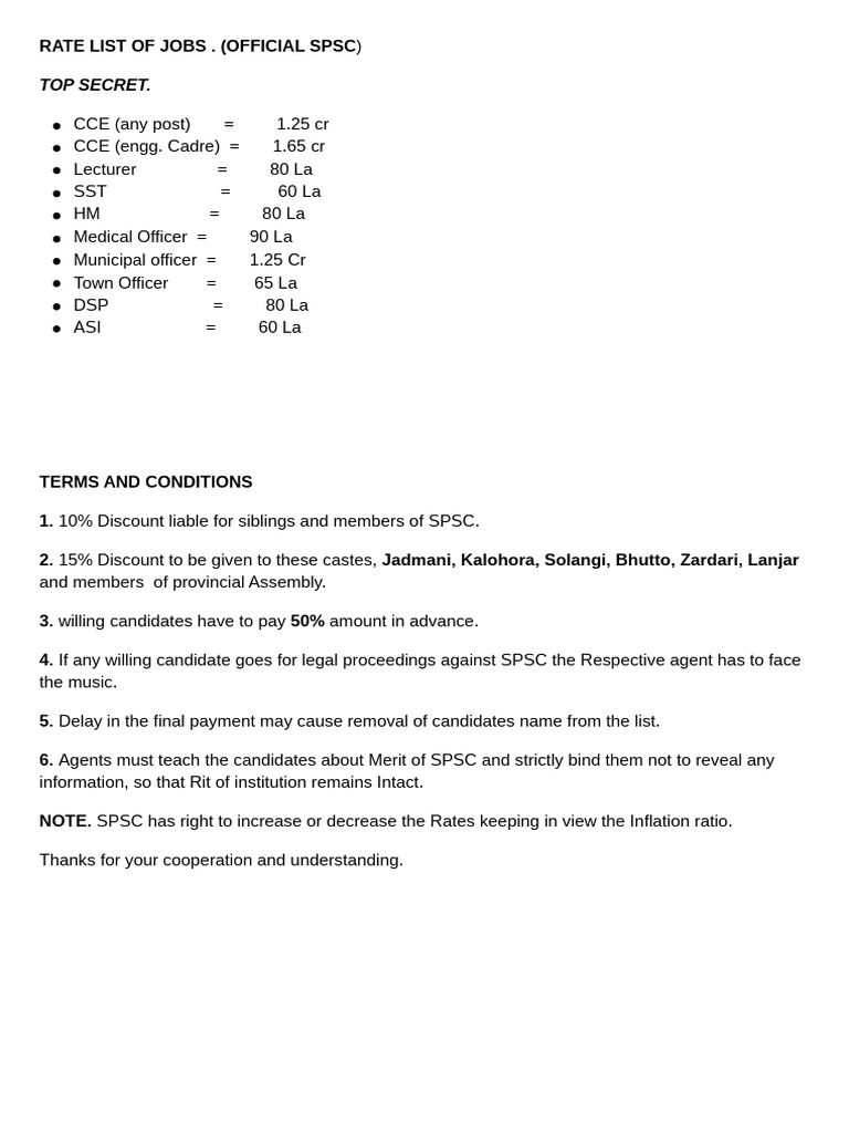 Rate List of Jobs . (Official Spsc) | PDF