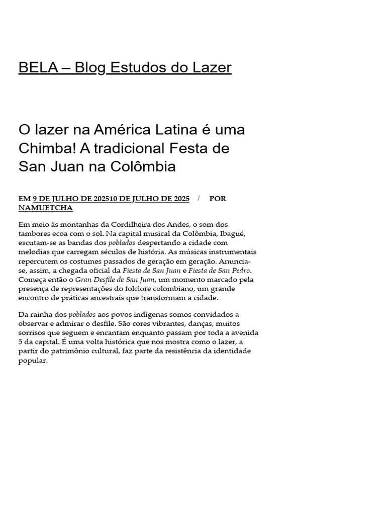 Experiência 01 - Lazer Na América Latina É Uma Chimba! A Tradicional Festa de San Juan Na ...
