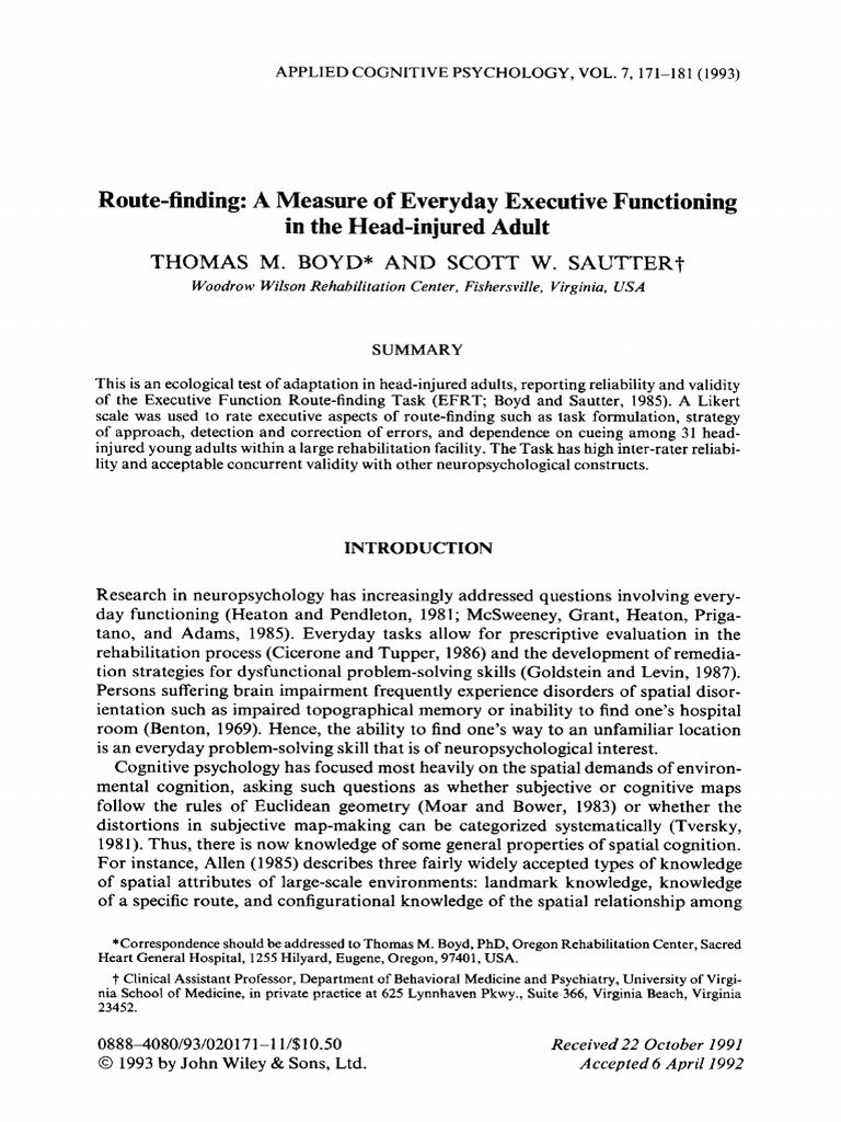 Route-Finding A Measure of Everyday Executive Functioning... | PDF ...