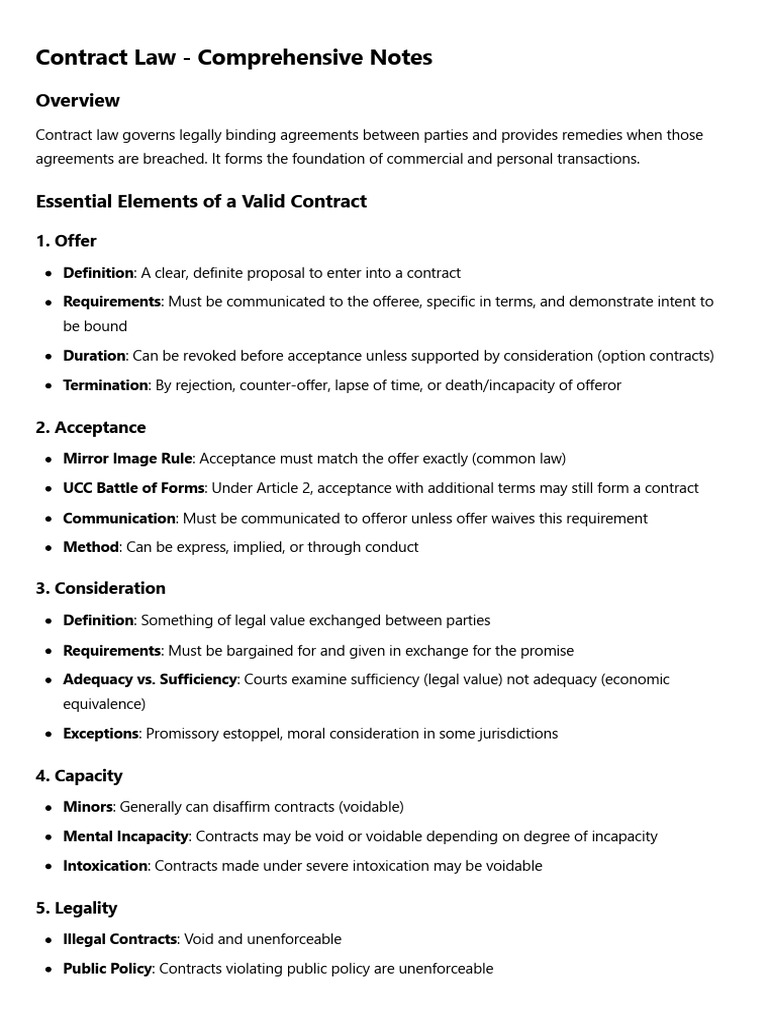Contract Law Notes for LLB Students | PDF | Offer And Acceptance ...