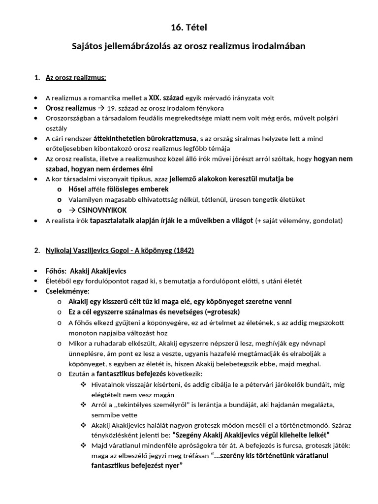 Tétel - Sajátos Jellemábrázolás Az Orosz Realizmus Irodalmában | PDF