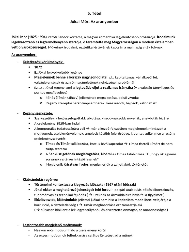 Tétel - Jókai Mór Az Aranyember | PDF
