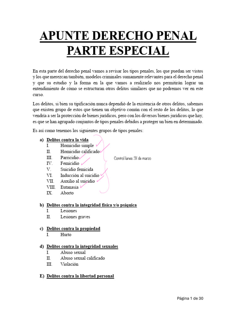 Apunte Derecho Penal control | PDF | Homicidio | Intención (Derecho Penal)