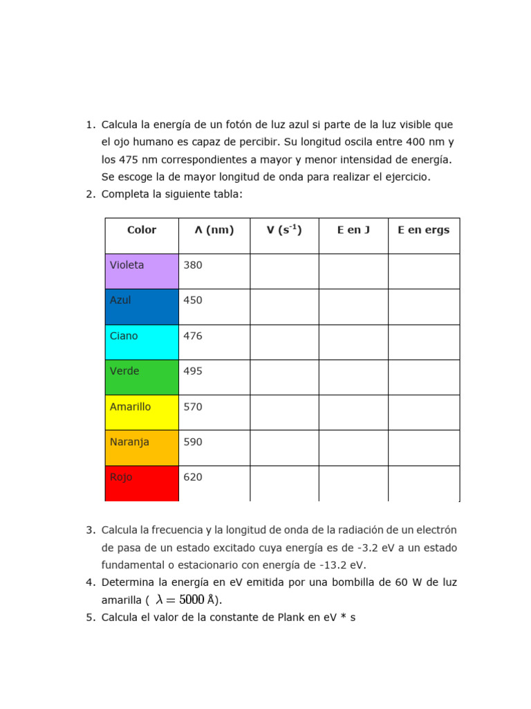 Problemario de La Constante de Plank | PDF | Radiación electromagnética | Ligero