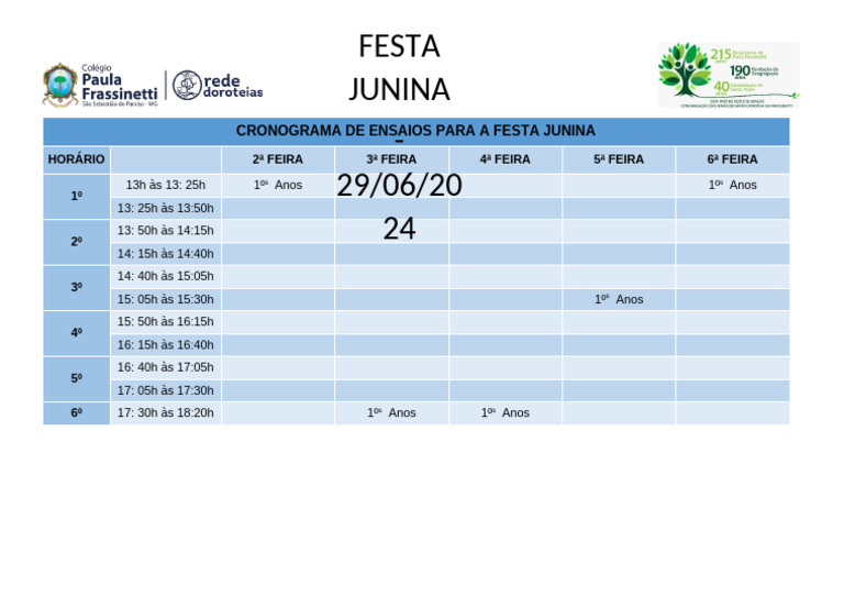 Cronograma de Ensaios Para a Festa Junina 2024 | PDF