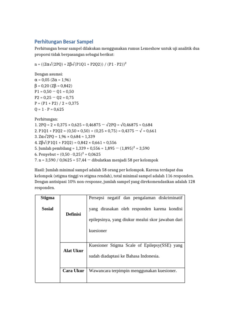 Perhitungan Besar Sampel Lemeshow | PDF