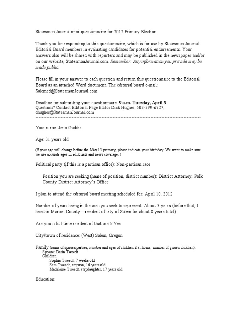 2012 Primary Election Candidate Questionnaire | PDF | Lawyer | Government