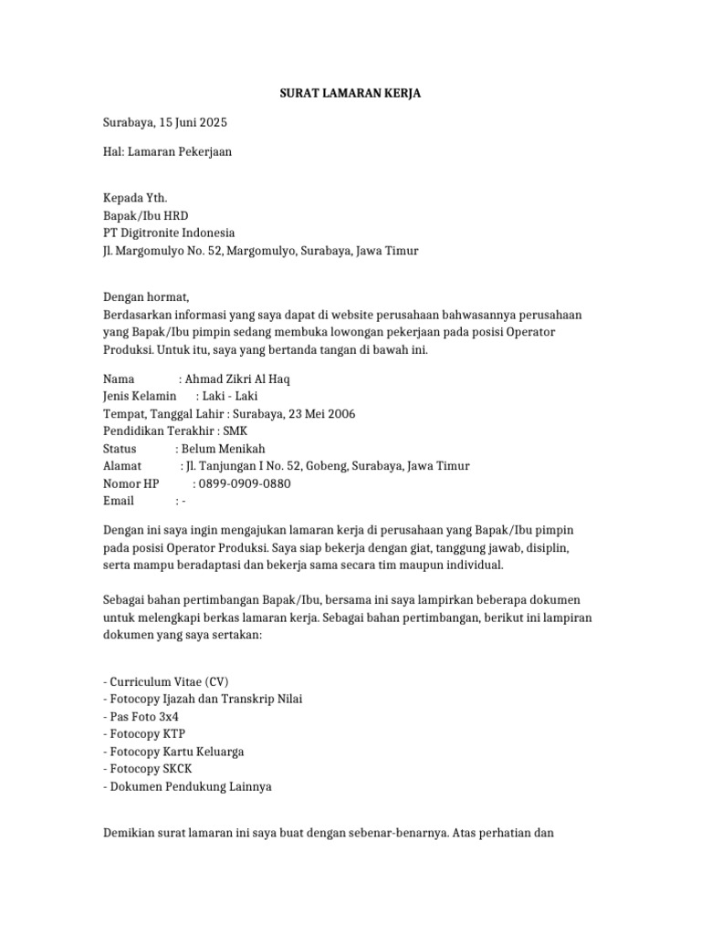 Surat Lamaran Kerja Ahmad Zikri Al Haq | PDF