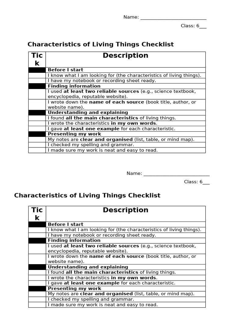Characteristics of Living Things - Checklist | PDF