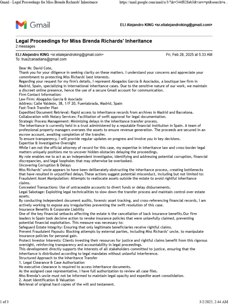 Gmail - Legal Proceedings For Miss Brenda Richards' Inheritance 3 | PDF ...
