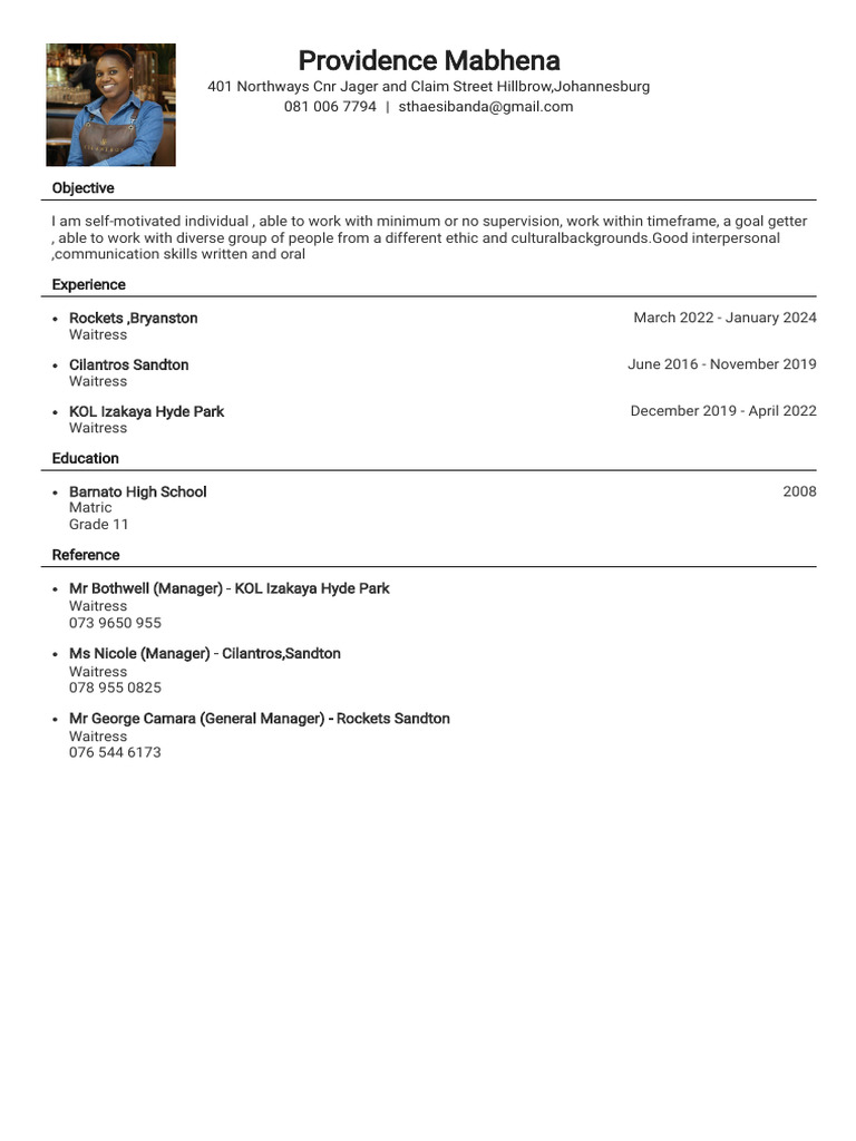 Waitress Resume of Providence Mabhena | PDF