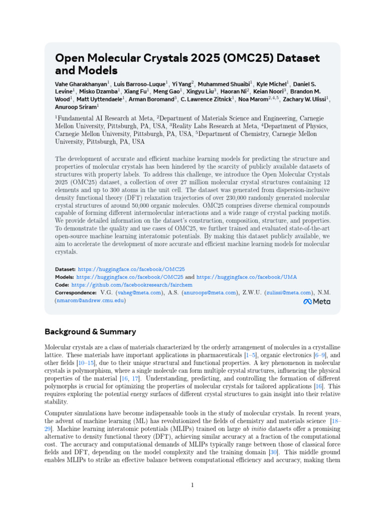 Open Molecular Crystals 2025 (OMC25) Dataset and Models | PDF ...