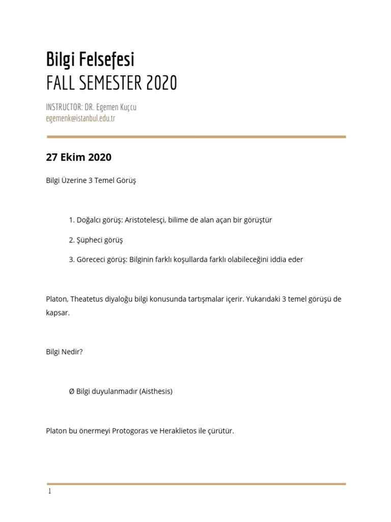 Bilgi Felsefesi Ders Notlar | PDF