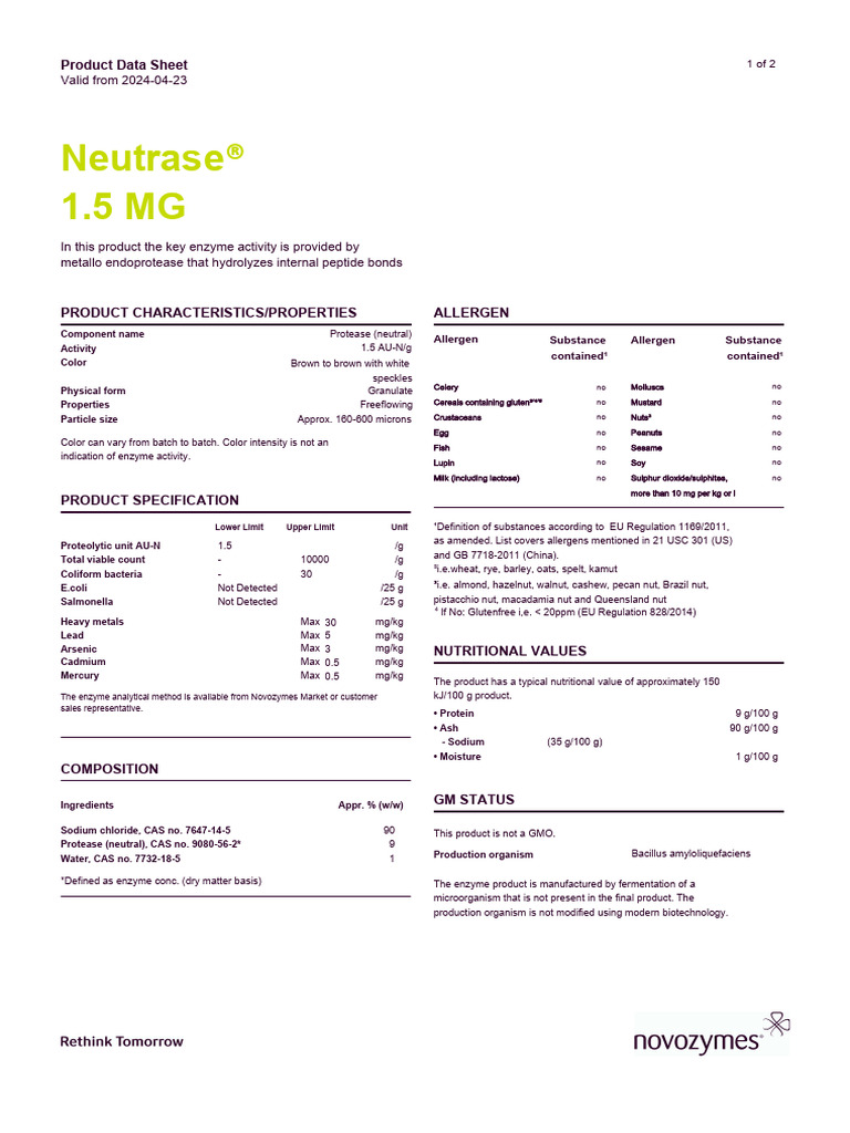 Neutrase® Product Data Sheet | PDF | Allergen